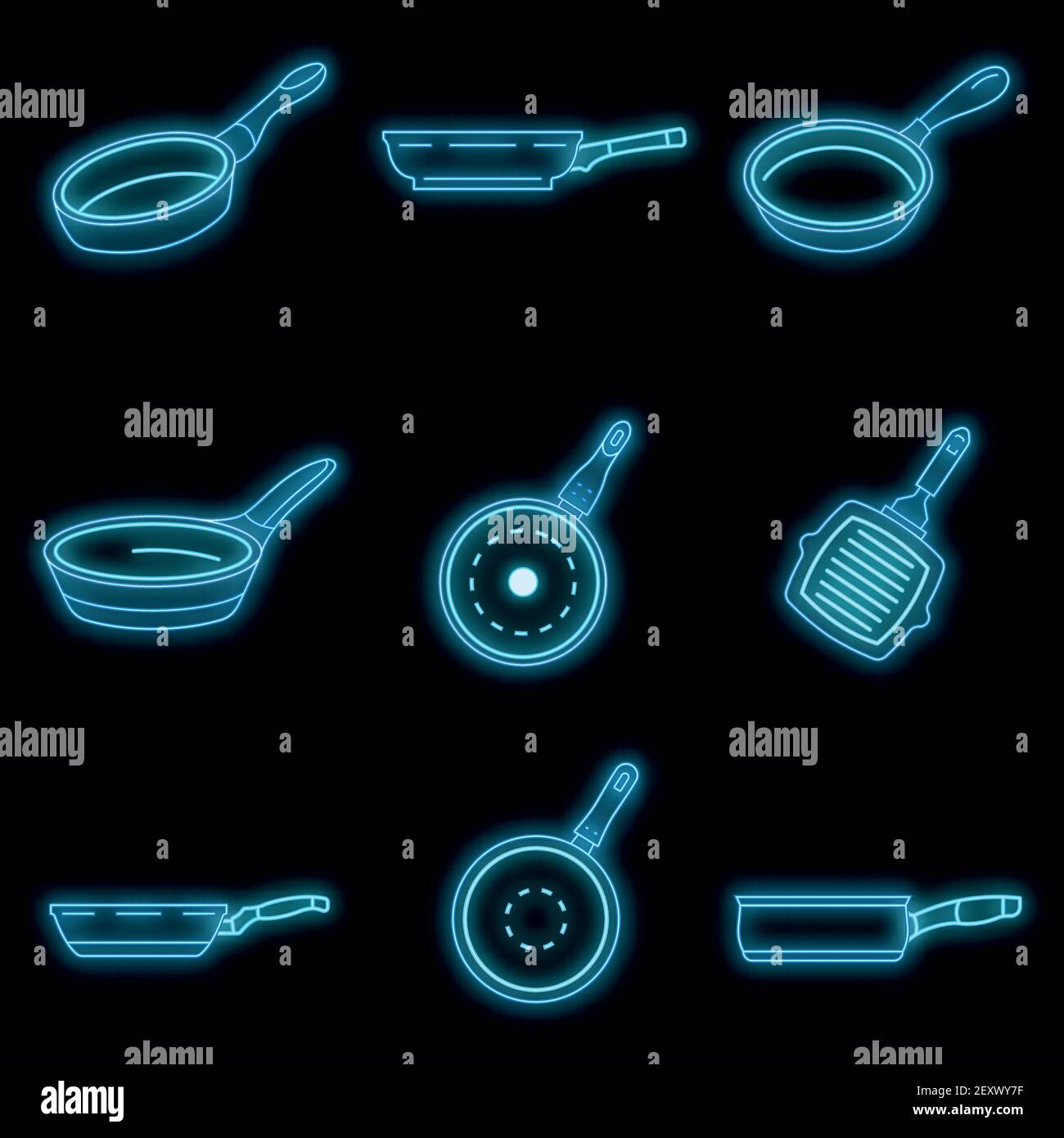 Griddle pan icon set. Outline set of griddle pan vector icons neon ...