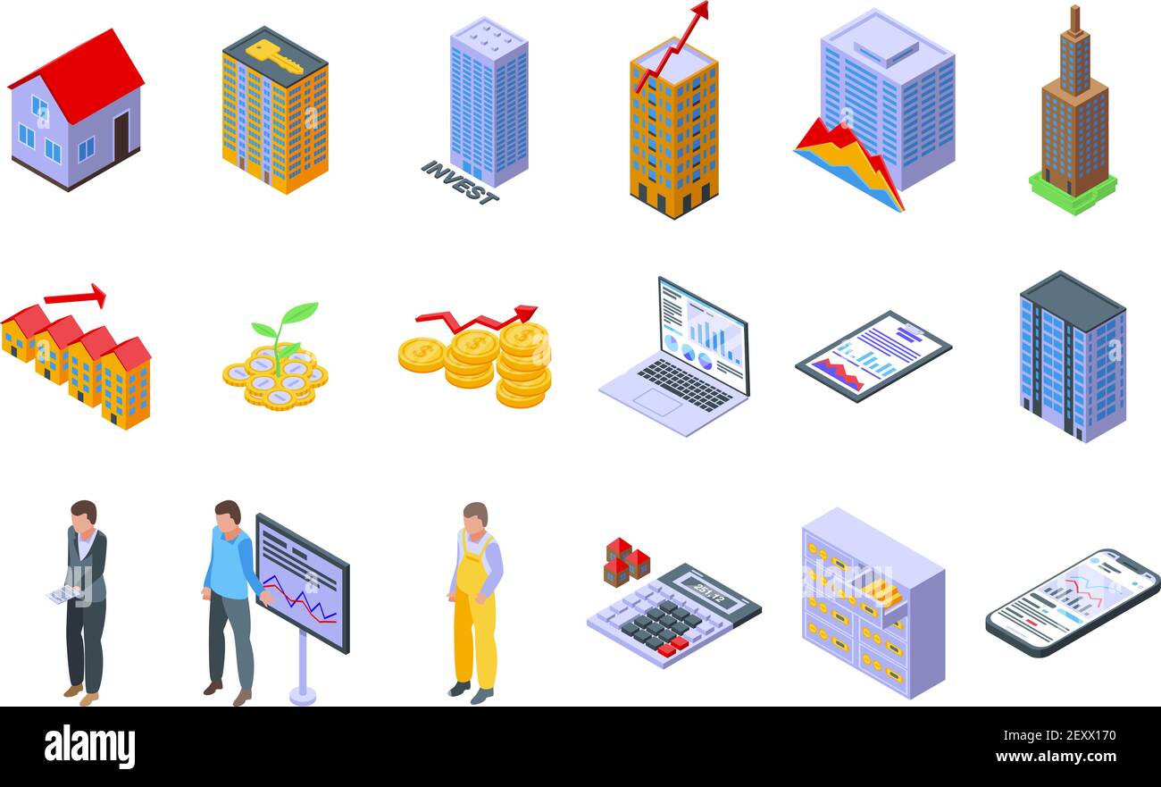 Property investments icons set. Isometric set of property investments ...
