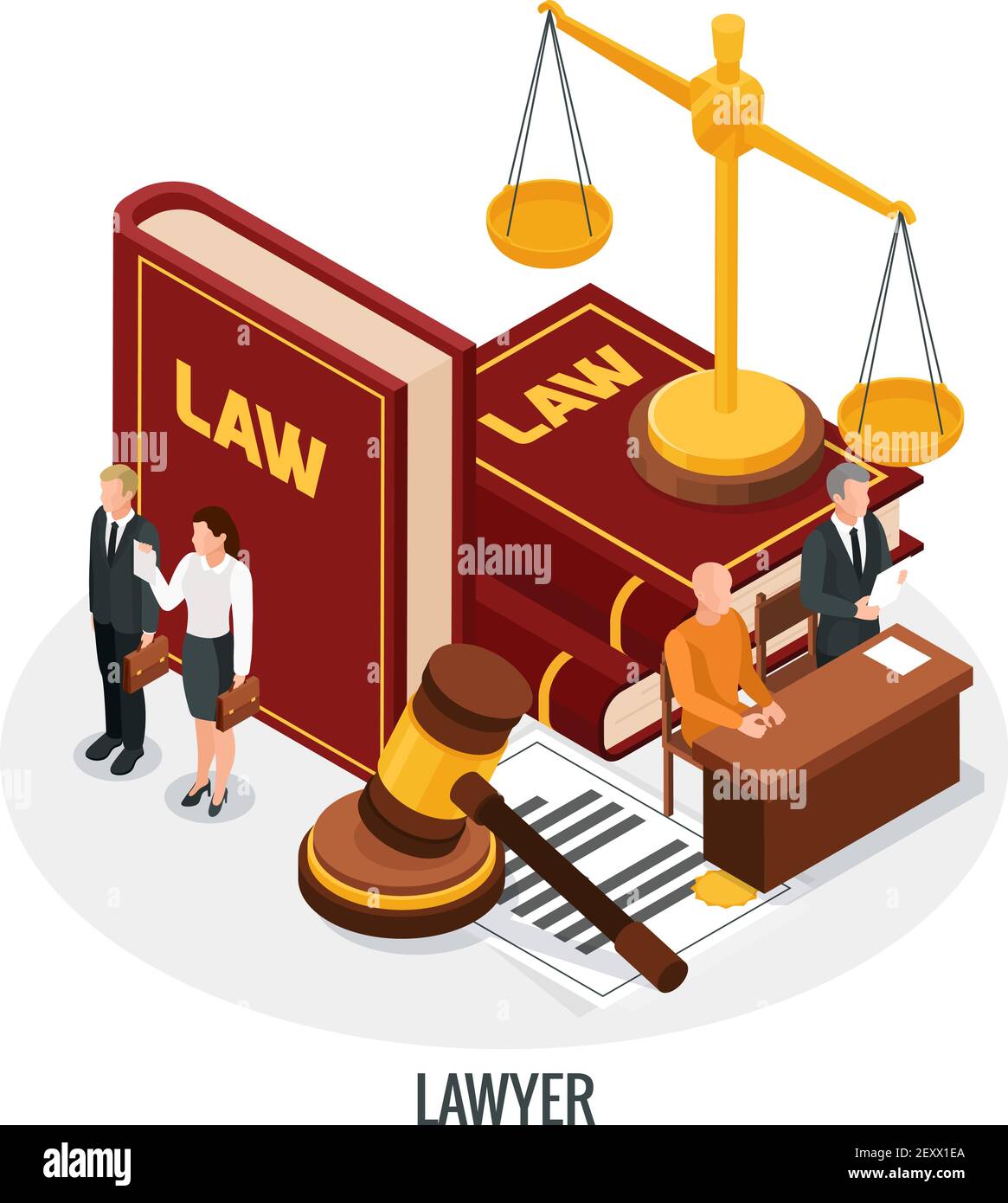 Law justice icons isometric composition with small people characters ...