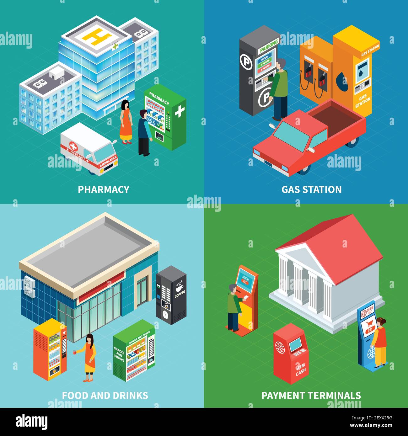 Colorful isometric set of 2x2 icons with payment terminals and vending machines selling food ...
