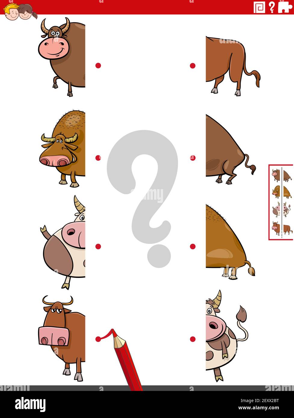 Cartoon illustration of educational game of matching halves of pictures ...