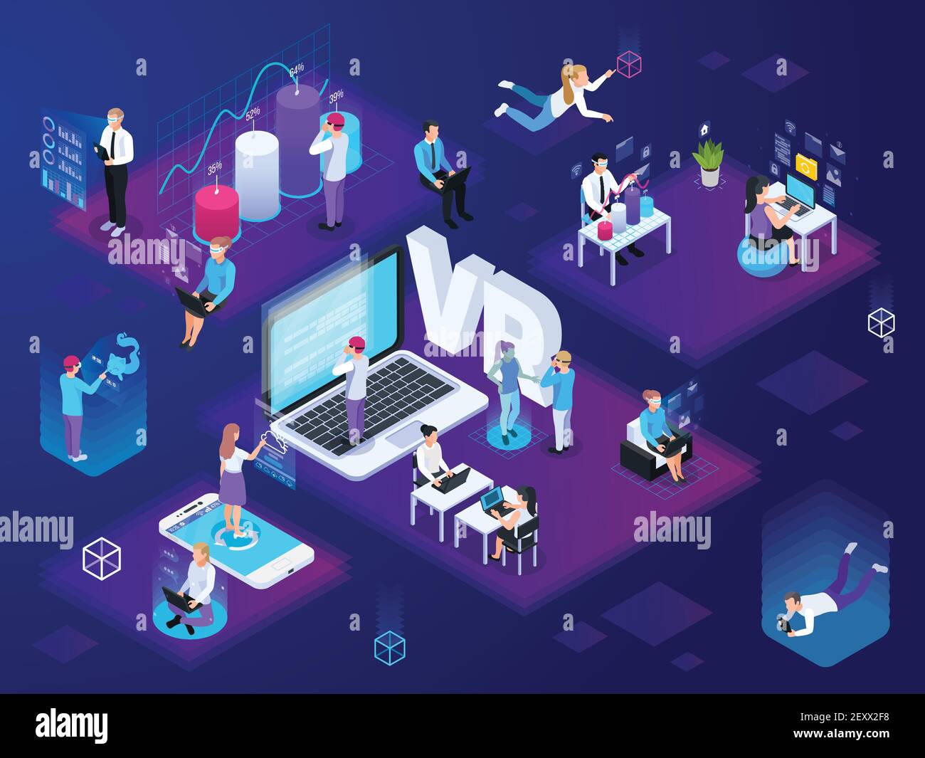 Virtual augmented reality 360 degree isometric composition with human ...