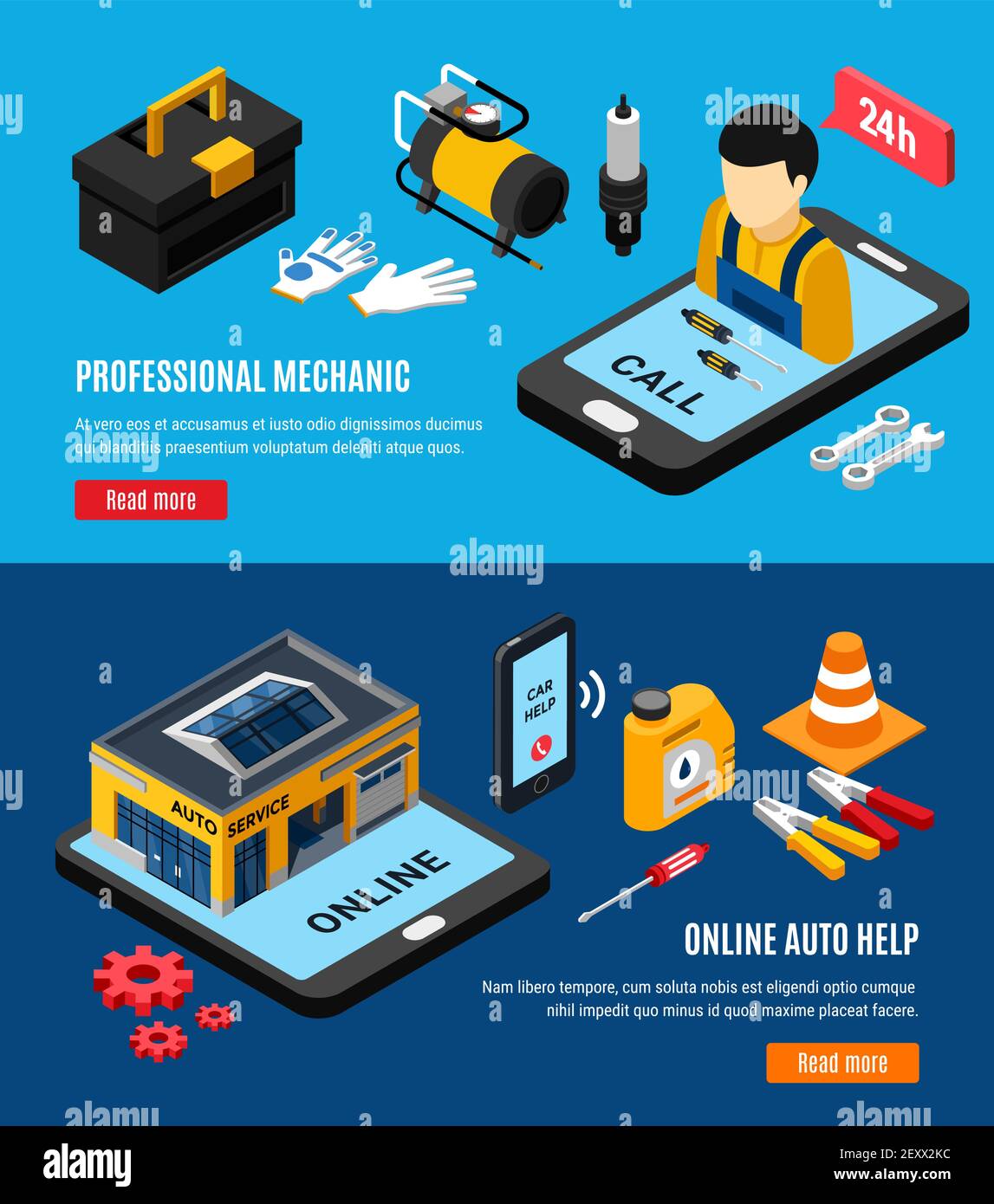 Auto service horizontal banners set with mechanic symbols isometric ...