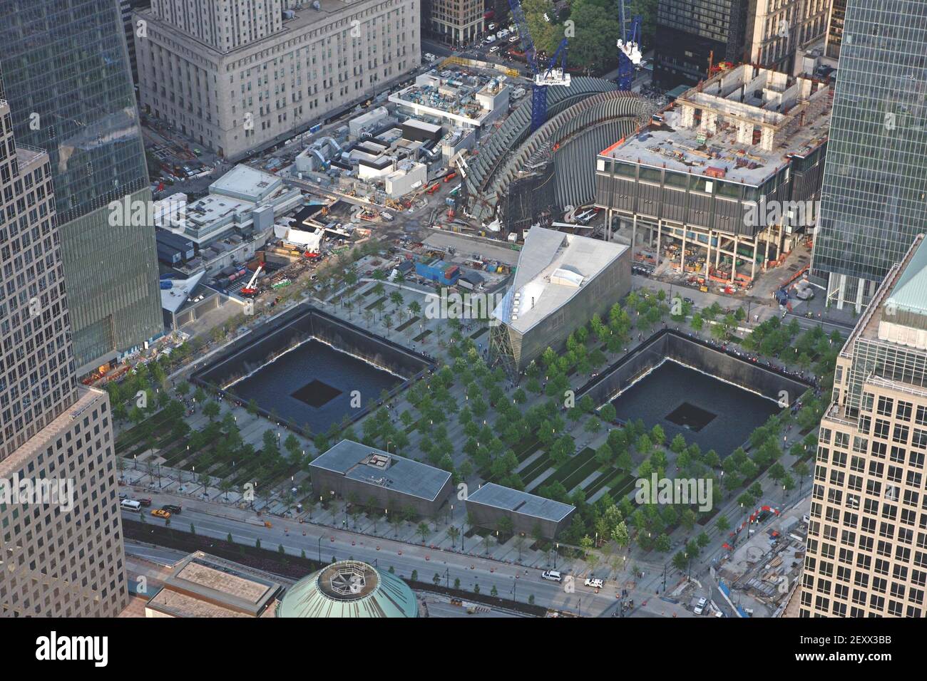 Aerial view of the 9/11 Memorial site in New York City, photographed ...