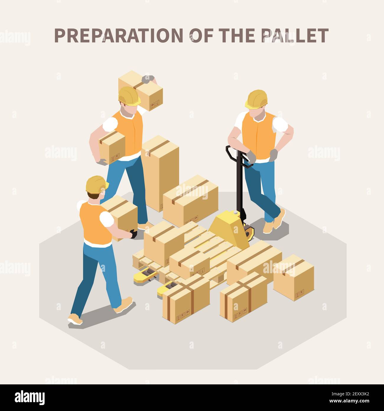 Warehouse workers putting cardboard boxes on wooden pallet 3d isometric ...