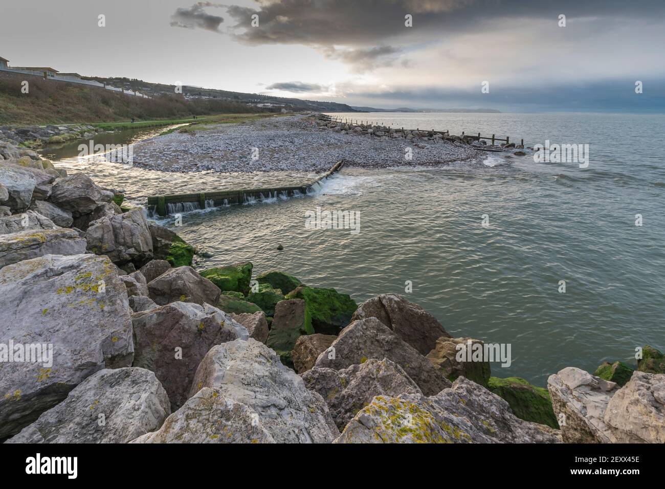 Llanddulas beach on the North Wales coast UK where the river Dulas ...