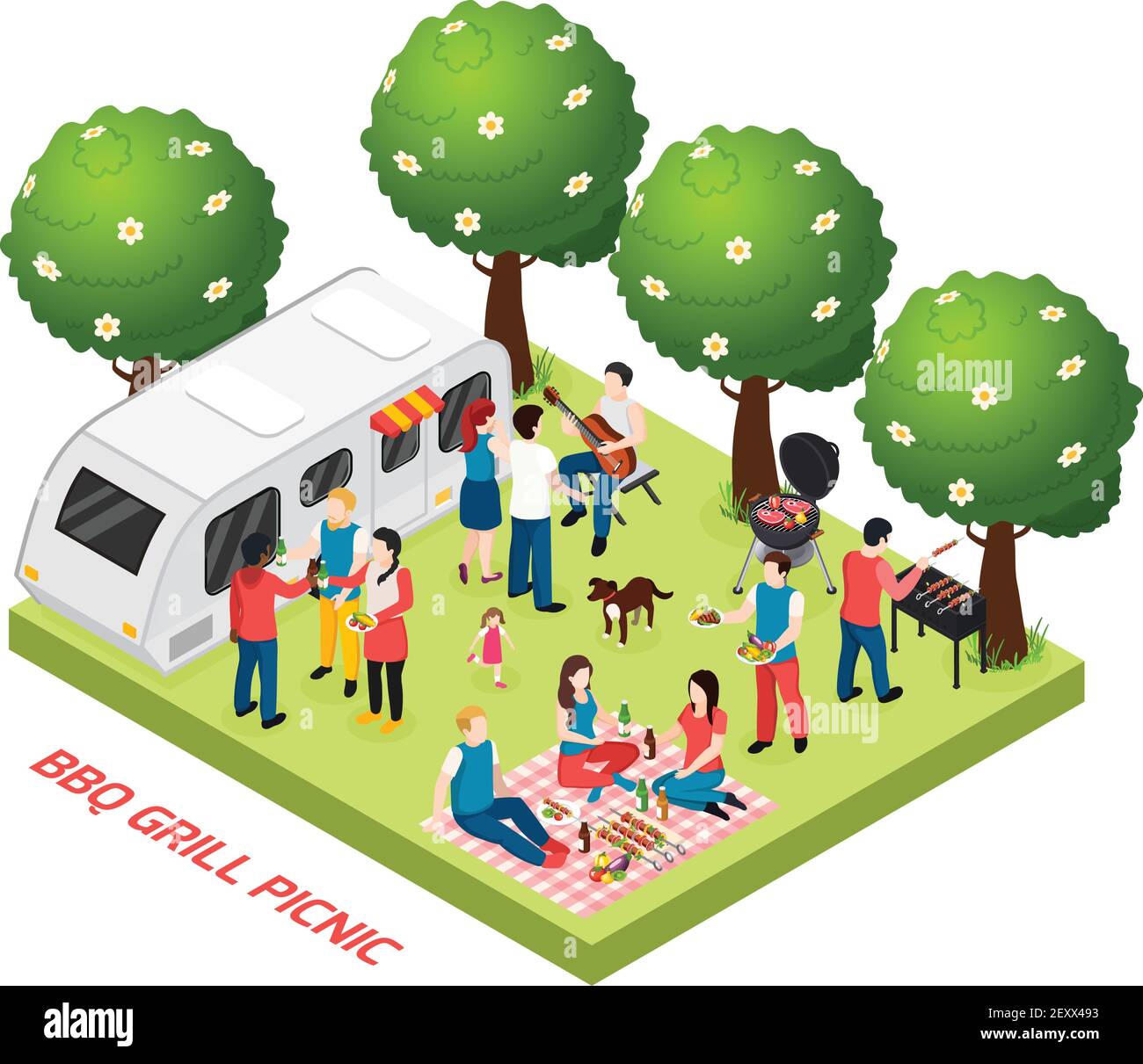 Bbq grill picnic isometric composition with outdoor scenery trees and ...