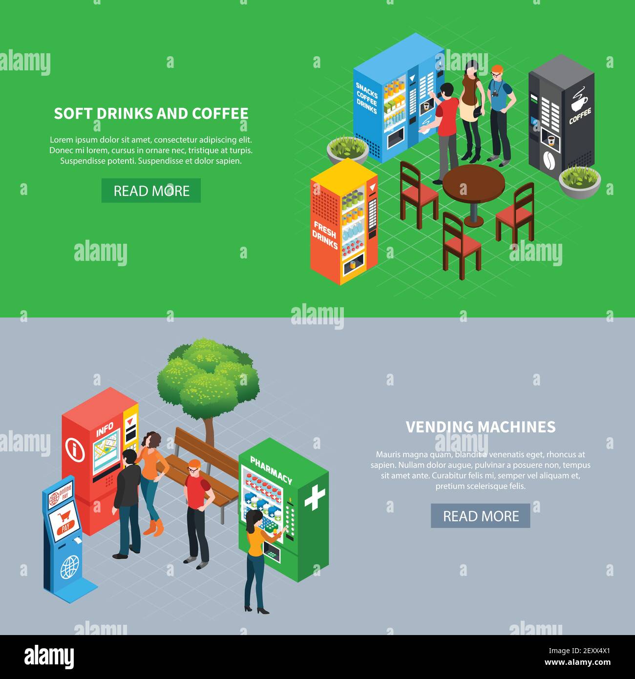 People using various vending machines and terminals horizontal isometric banners set 3d isolated ...
