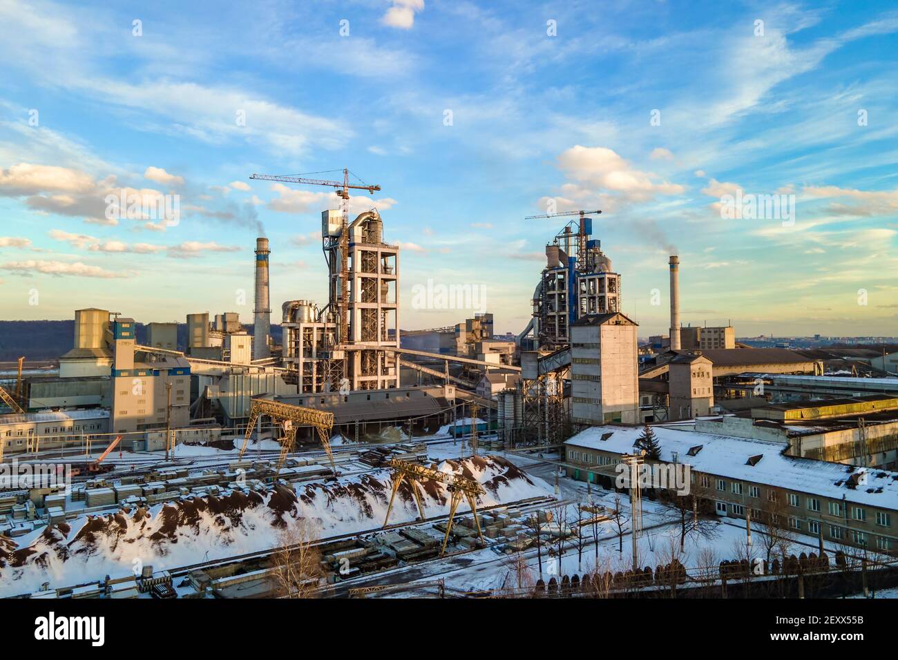 Aerial view of cement plant with high factory structure at industrial ...