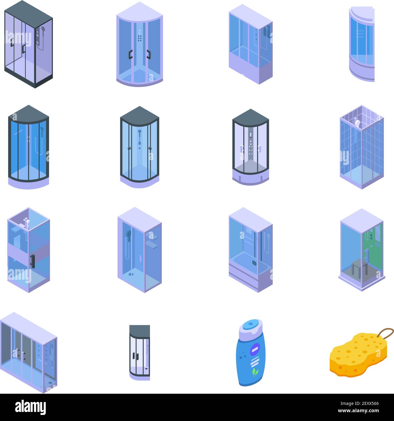 Shower stall icons set. Isometric set of shower stall vector icons for ...