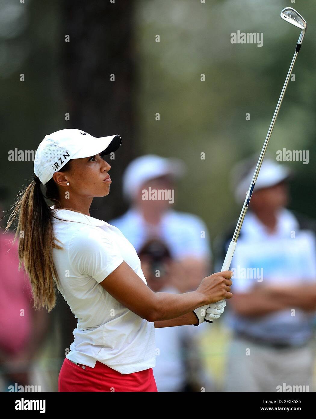 Cheyenne Woods watches the flight of her ball from the 15th tee box ...