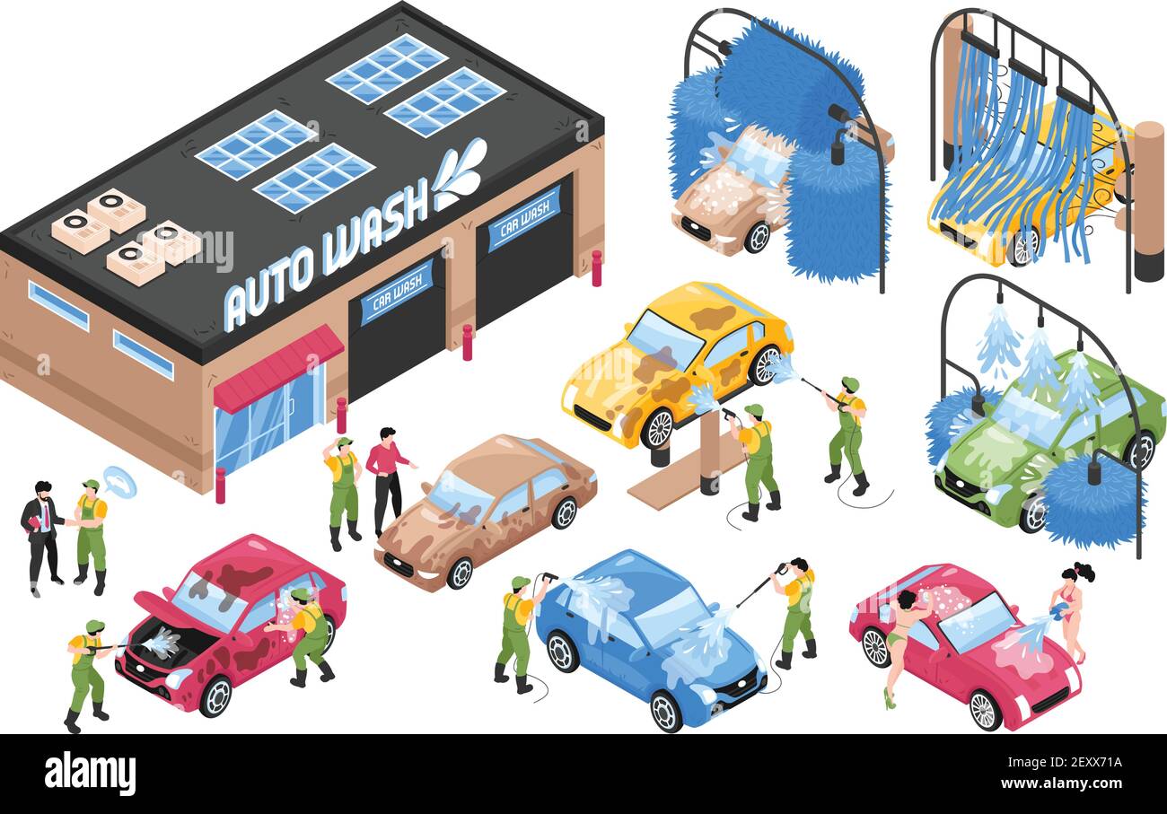 Isometric car washing services set with isolated wash station buildings ...