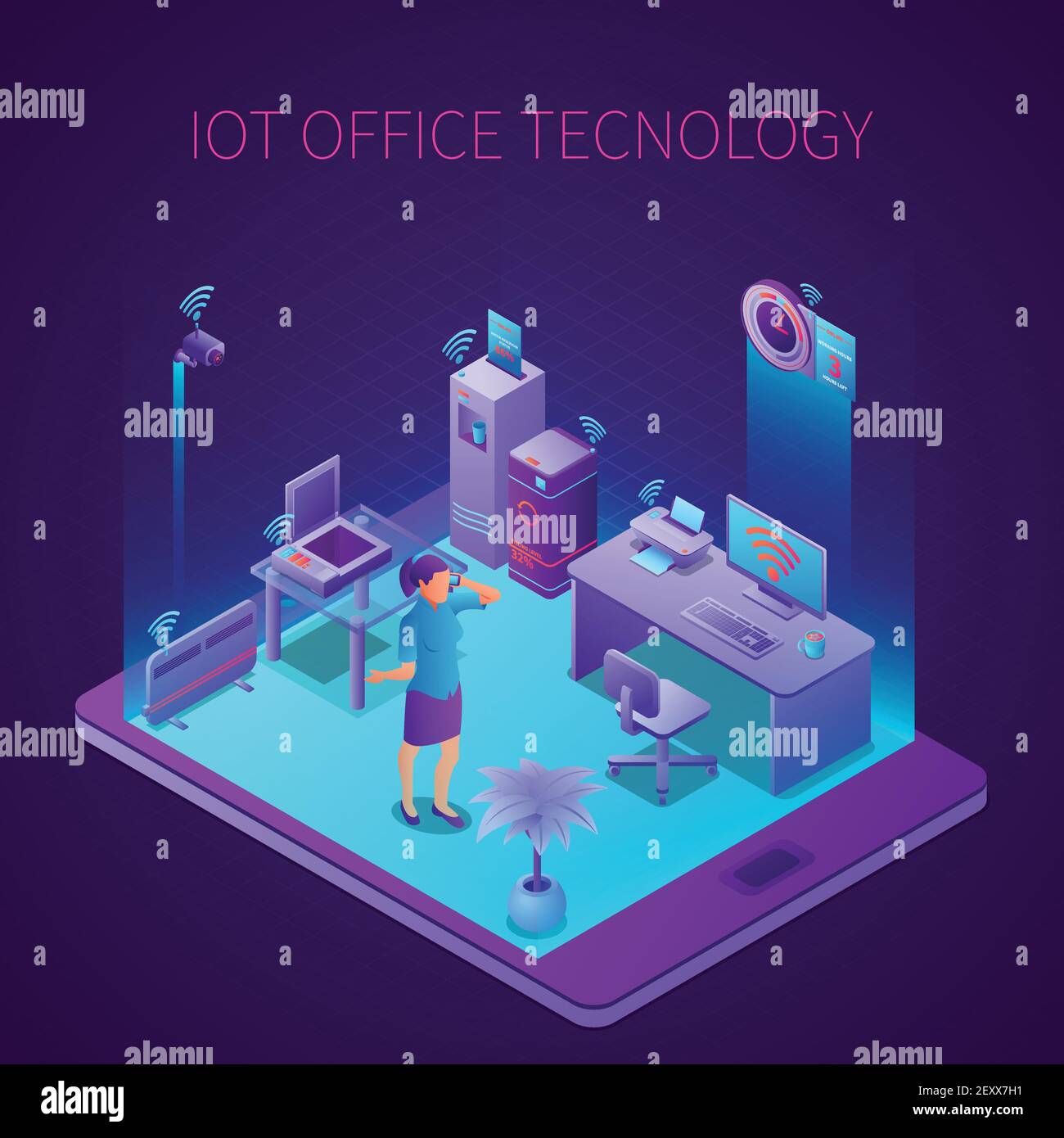 Iot technology at office work space isometric composition on mobile ...