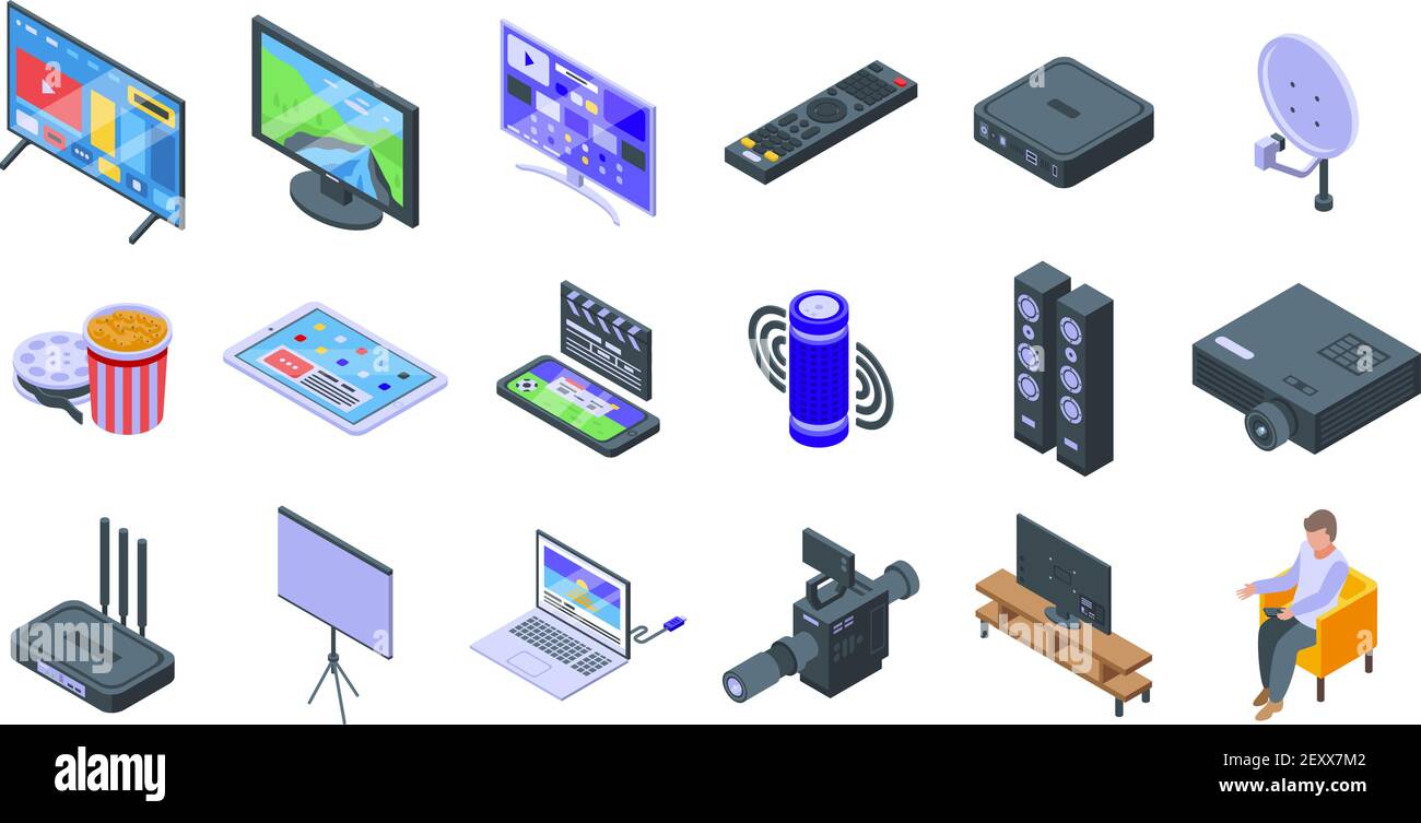 Interactive tv icons set. Isometric set of interactive tv vector icons for web design isolated ...