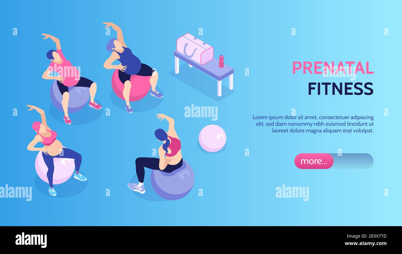 Women at prenatal fitness classes in gym horizontal isometric banner 3d ...