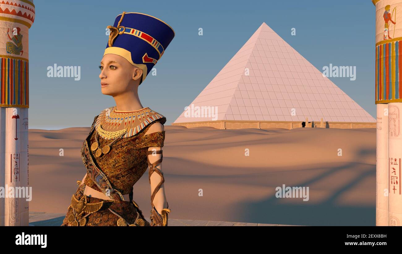 Queen Nefertiti in front of the great pyramid of Giza and a view of the ...
