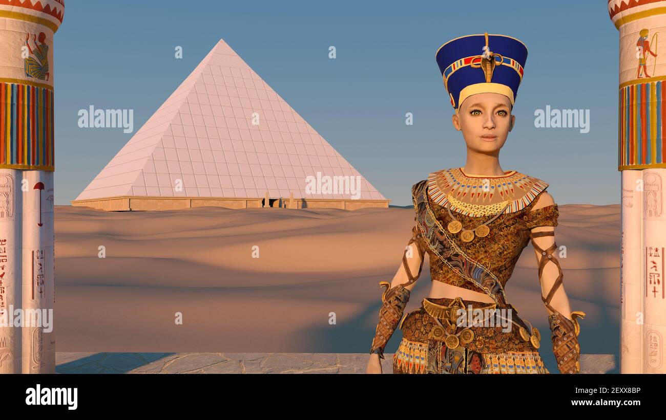 Queen Nefertiti in front of the great pyramid of Giza and a view of the ...