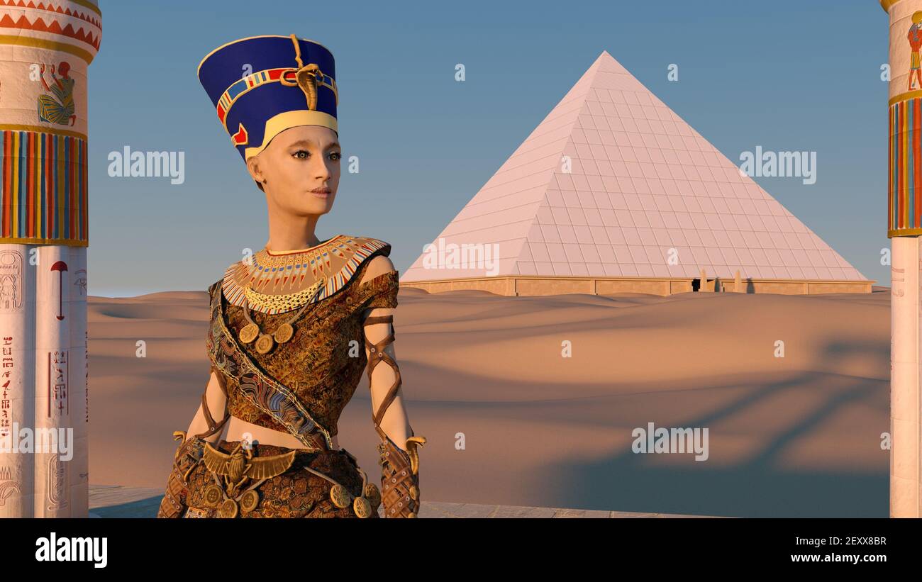 Queen Nefertiti in front of the great pyramid of Giza and a view of the ...