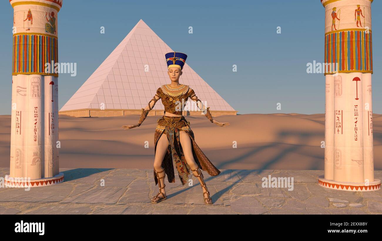 Queen Nefertiti dancing in front of the great pyramid of Giza and a ...