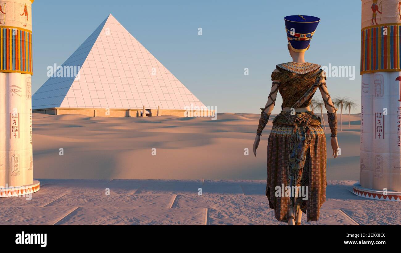 Queen Nefertiti admires the pyramids and desert views from the ancient ...