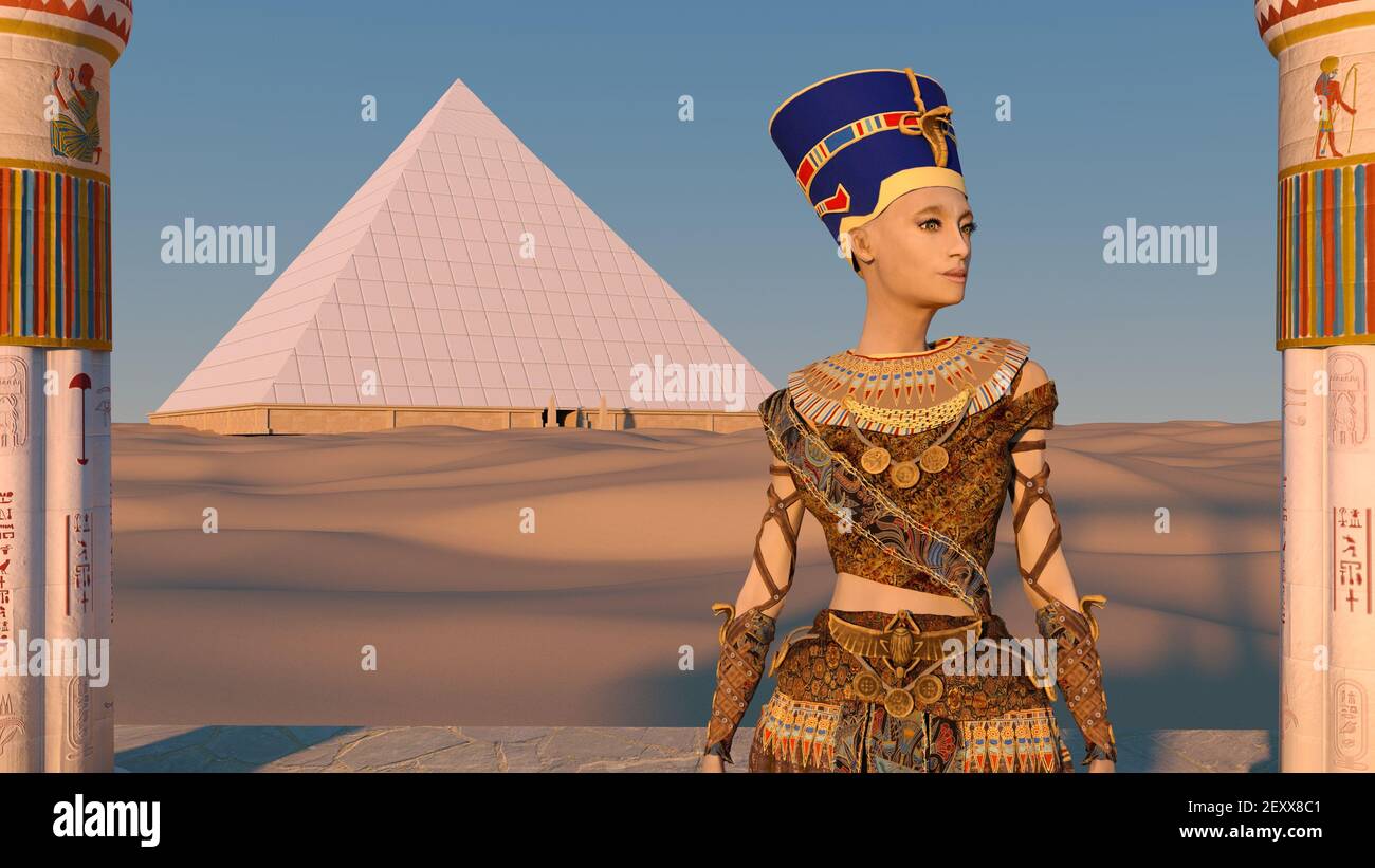 Queen Nefertiti in front of the great pyramid of Giza and a view of the ...