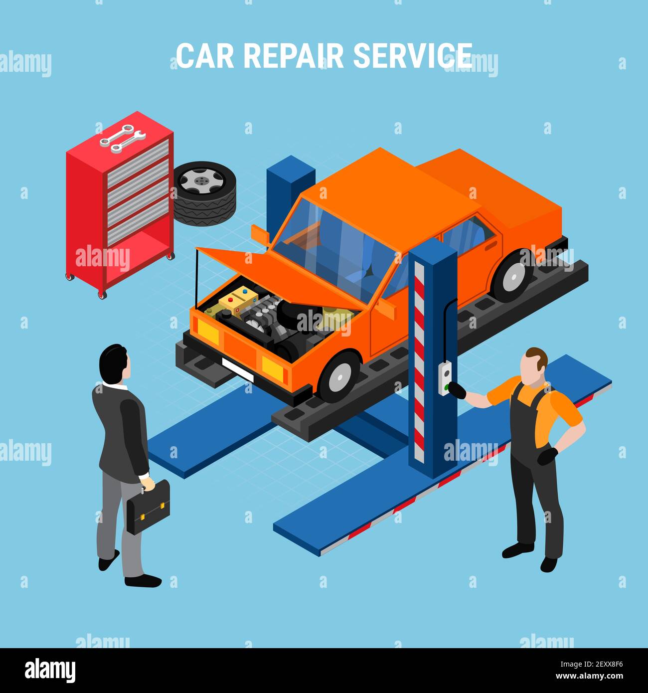 Car service isometric concept with diagnostics and tools symbols vector ...