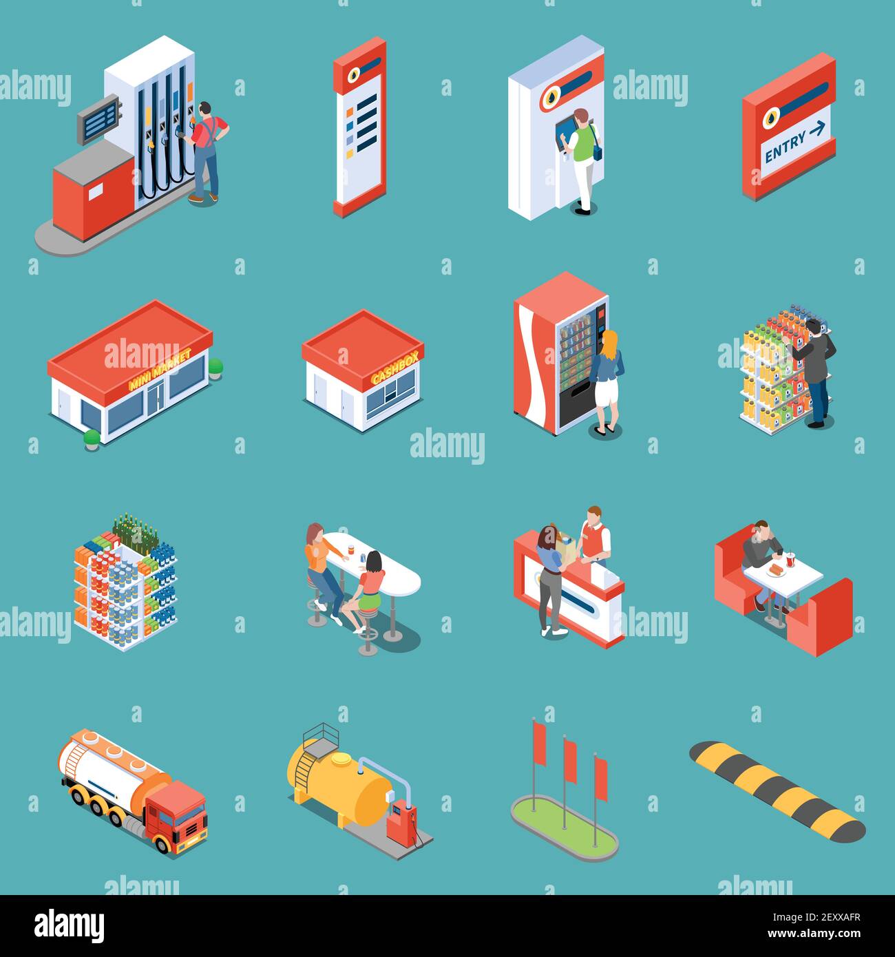 Infrastructure of gas station and services for clients isometric icons ...