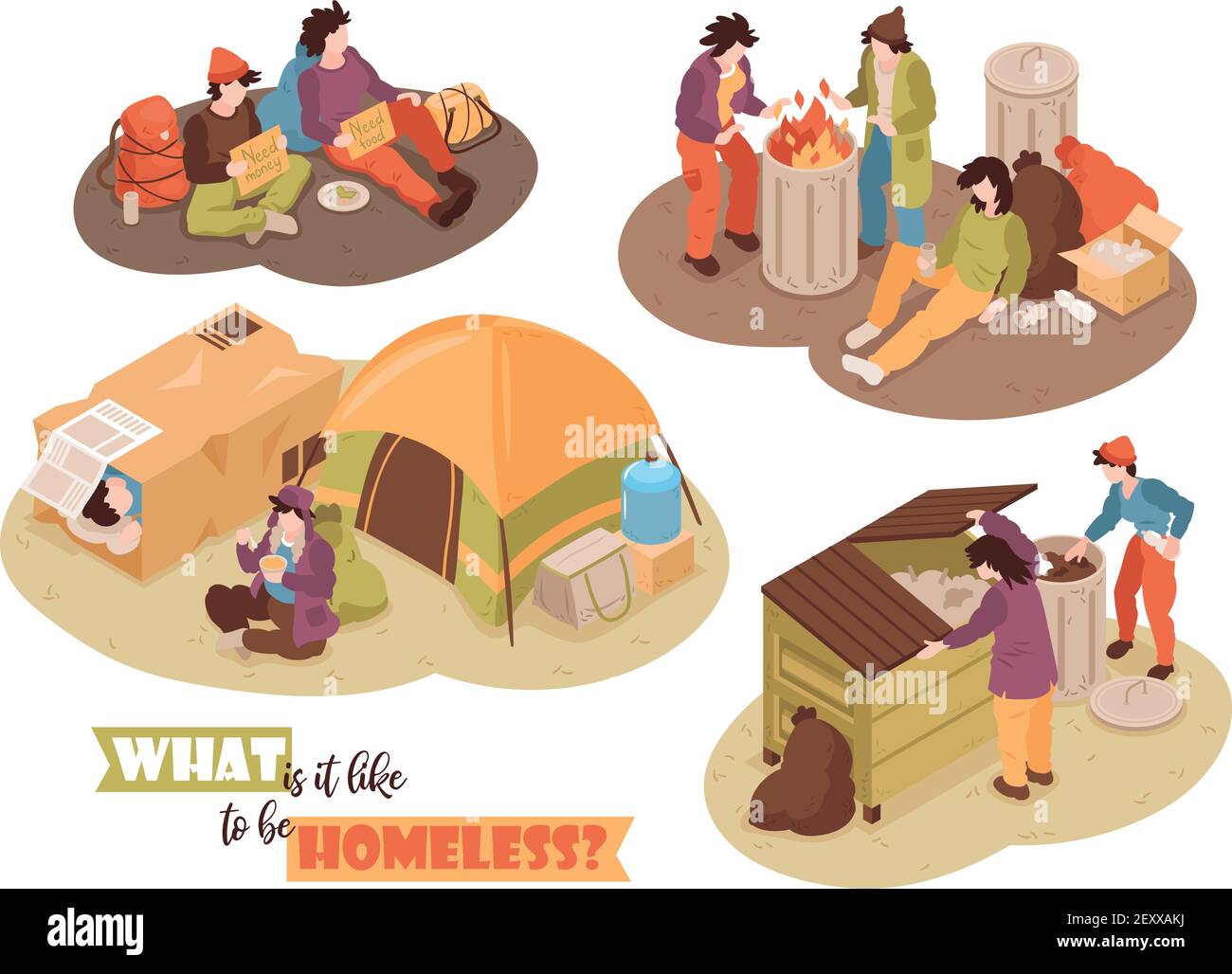 Isometric homeless people design concept with human characters waste ...