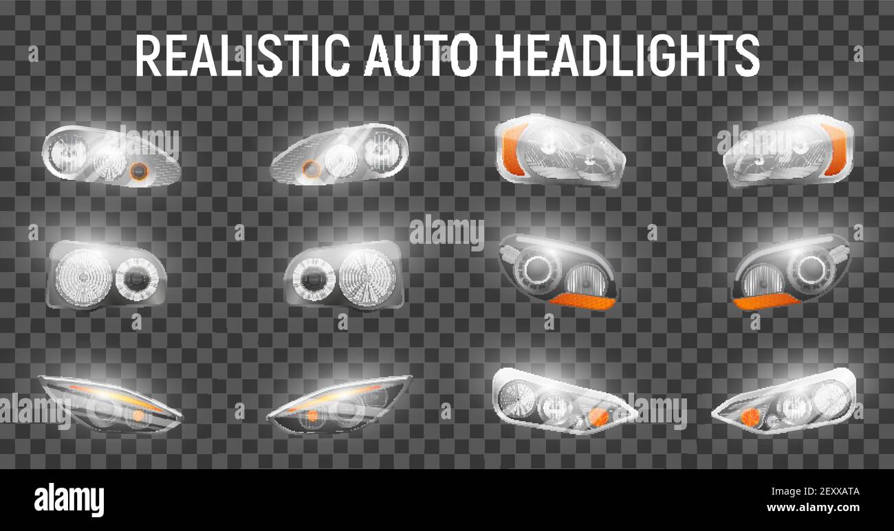 Realistic auto front headlights set on transparent background with ...
