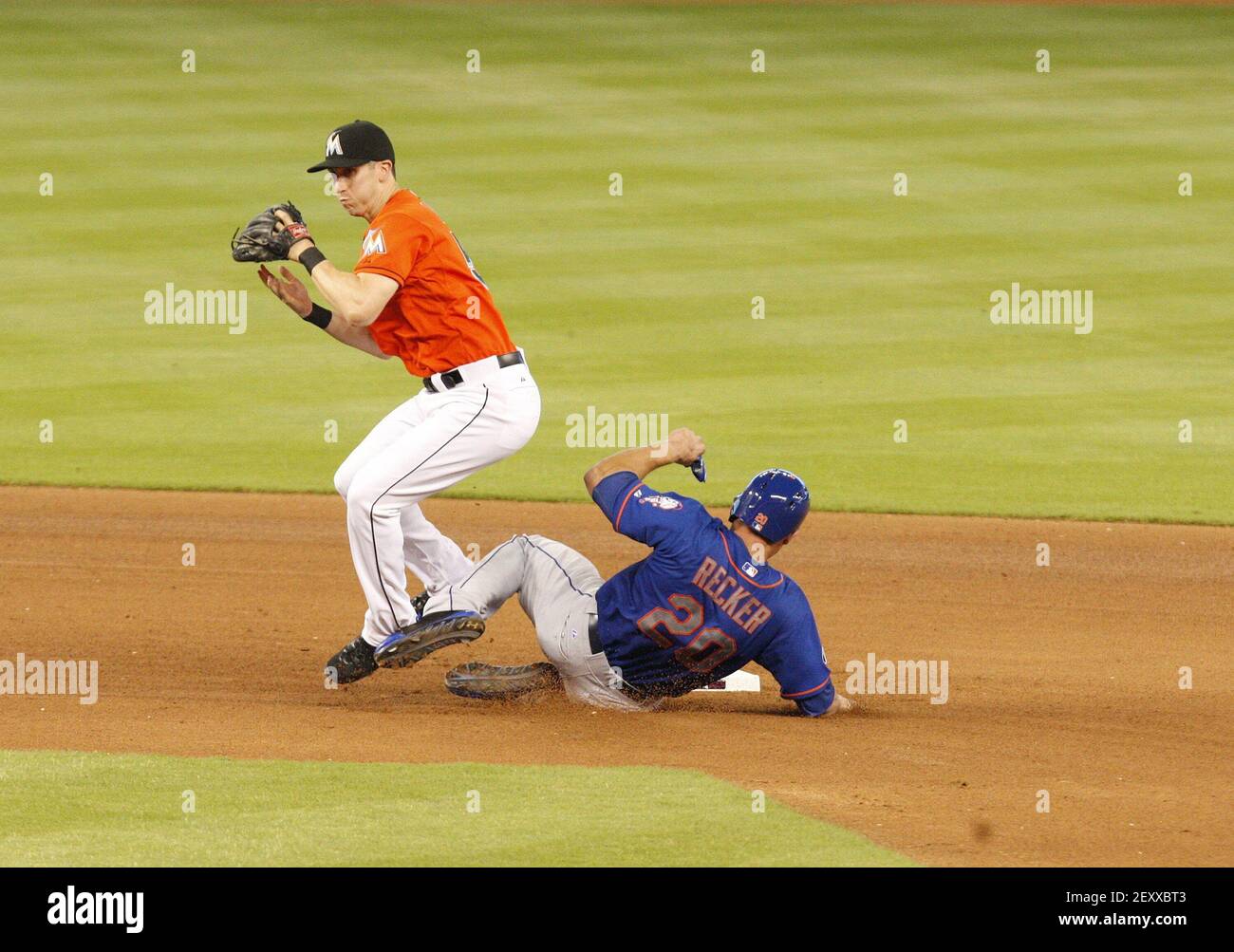 Miami Marlins Ed Lucas forced out New York Mets Anthony Recker in the ...