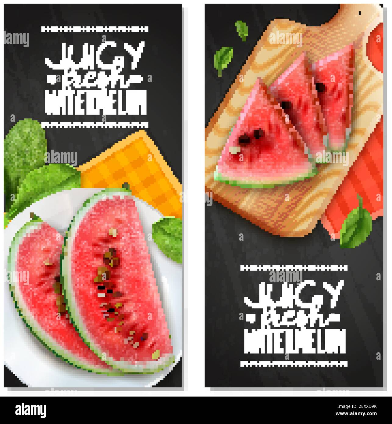 Watermelon servings 2 realistic vertical banners with juicy triangle ...