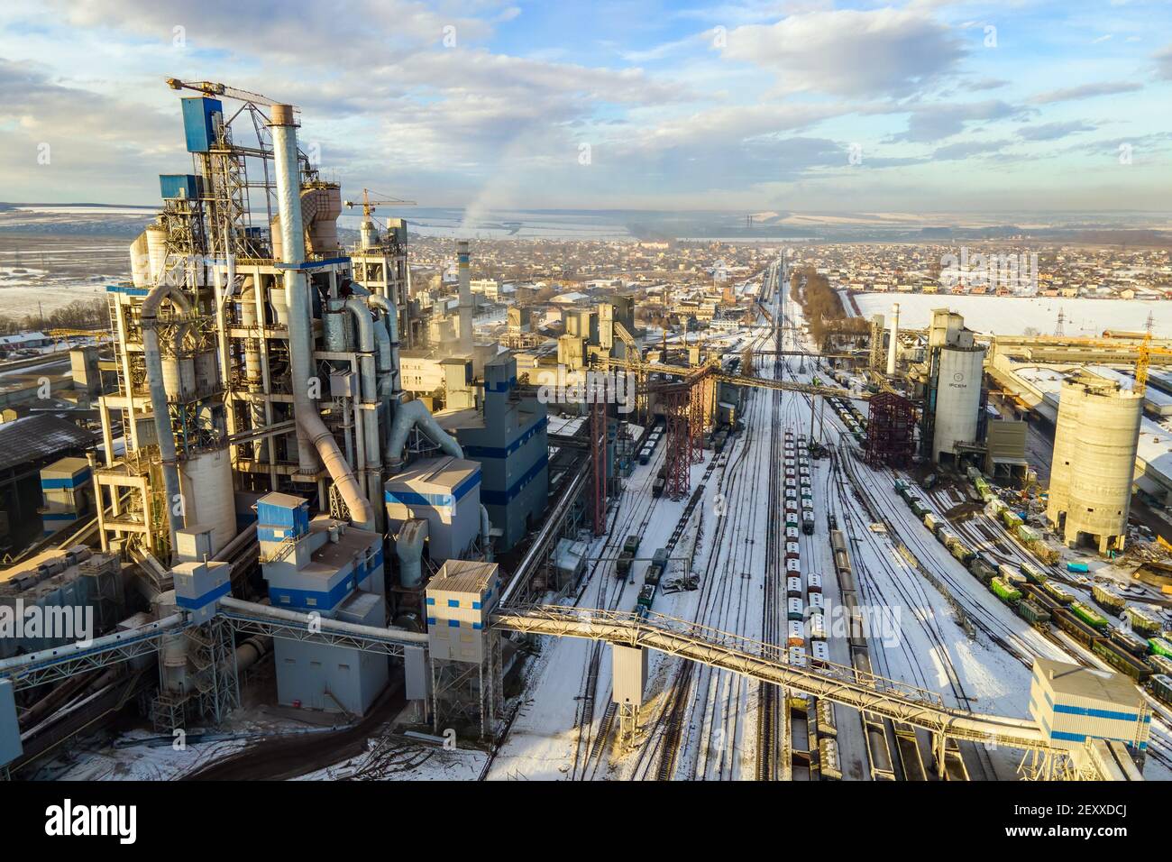 Aerial view of cement plant with high factory structure at industrial ...