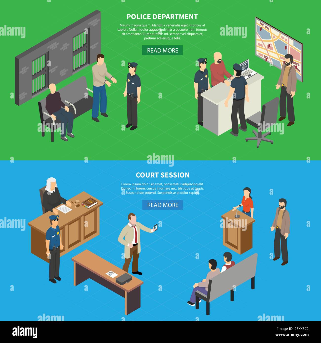 Judicial system 2 horizontal isometric website banners with court ...