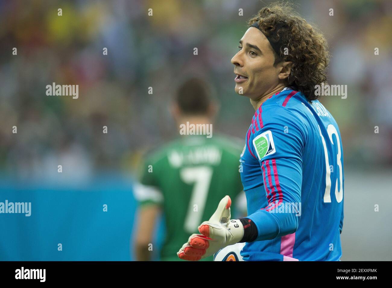 Mexico's goalkeeper Guillermo Ochoa reacting during the group A 2014 ...