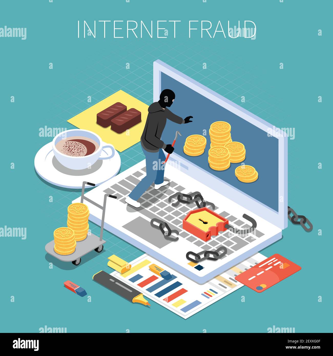 Internet fraud isometric composition hacker with money during attack to ...
