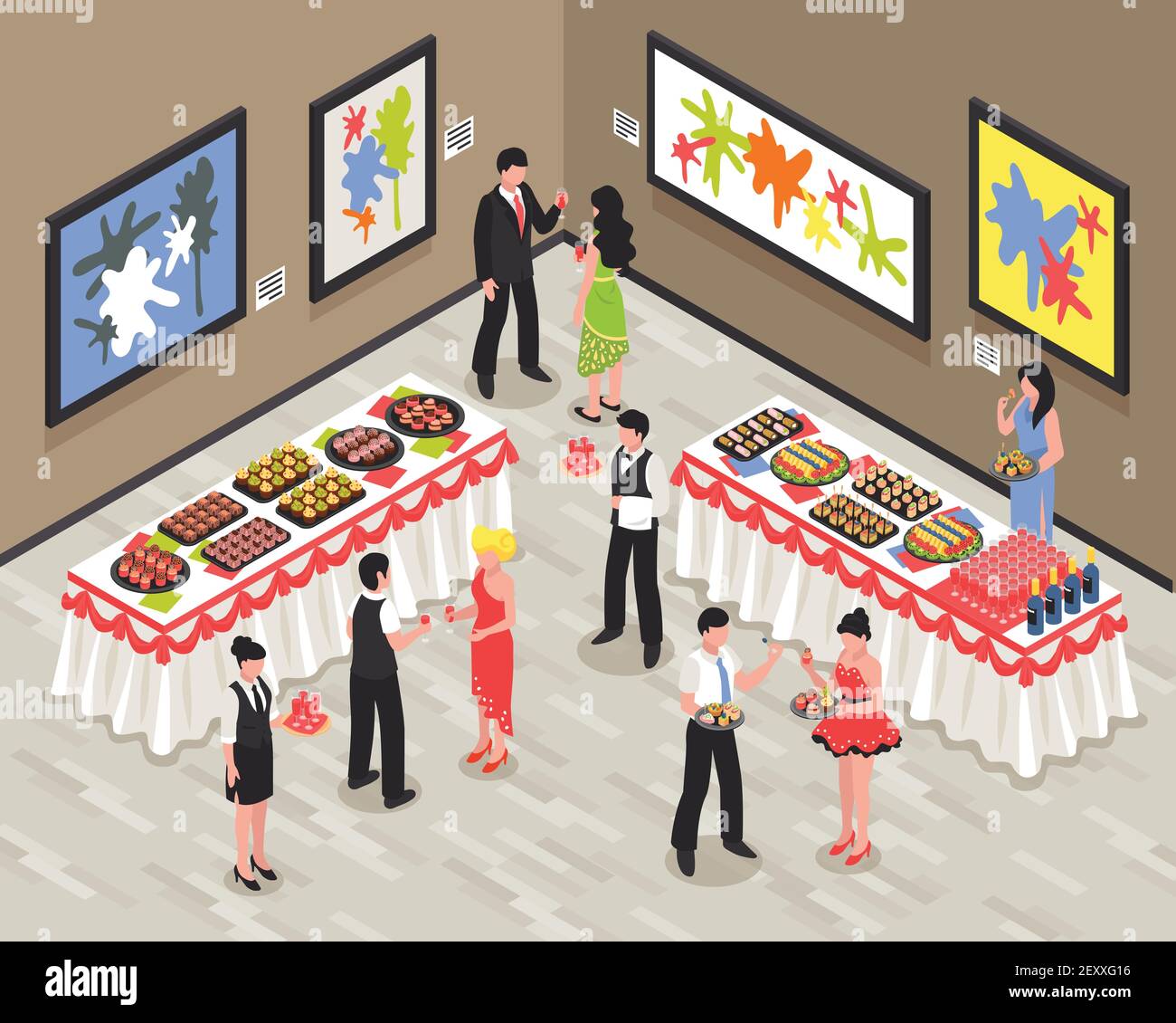 Banquet room with guests staff food and drinks on tables walls with ...
