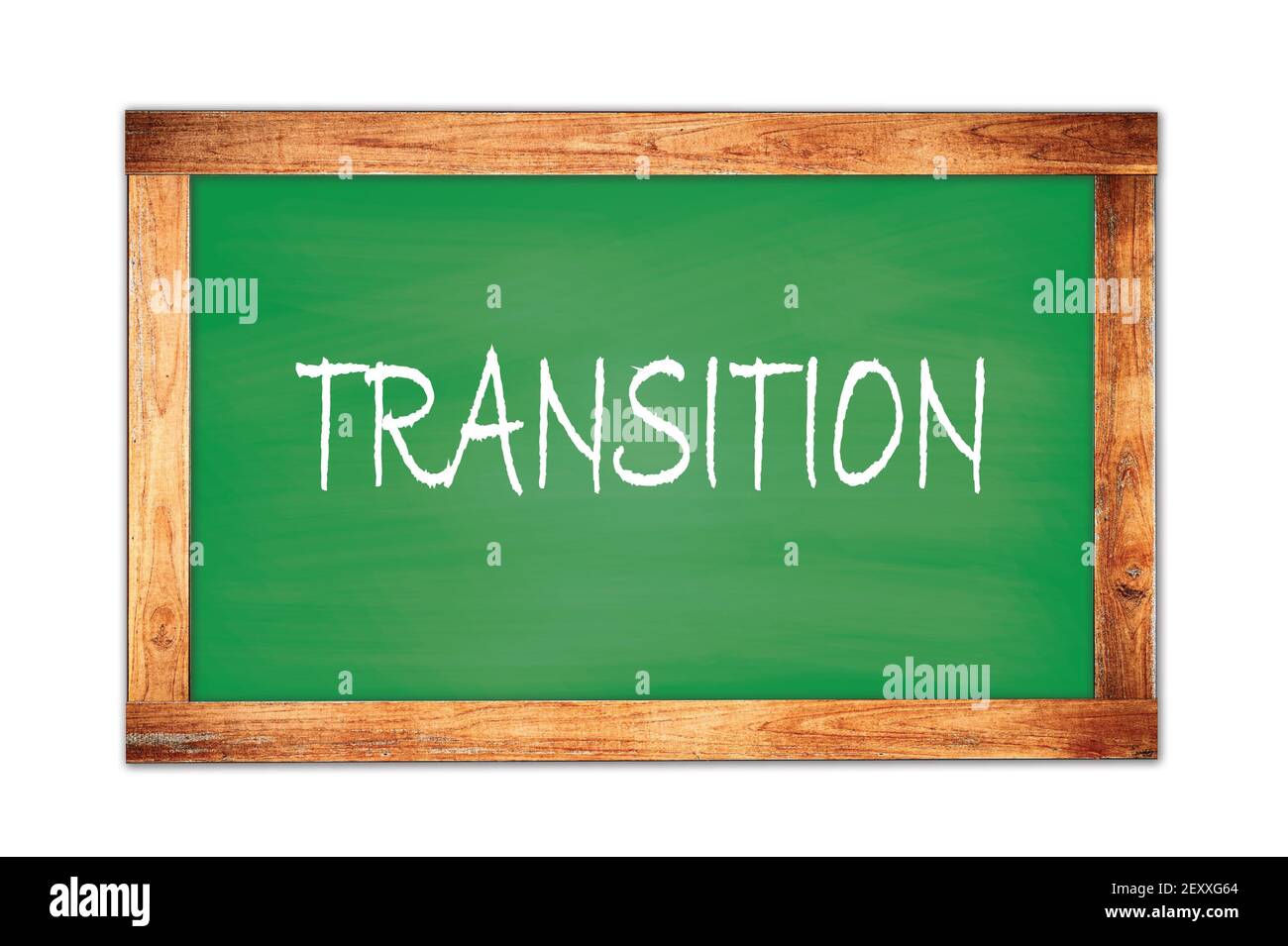 TRANSITION text written on green wooden frame school blackboard Stock ...