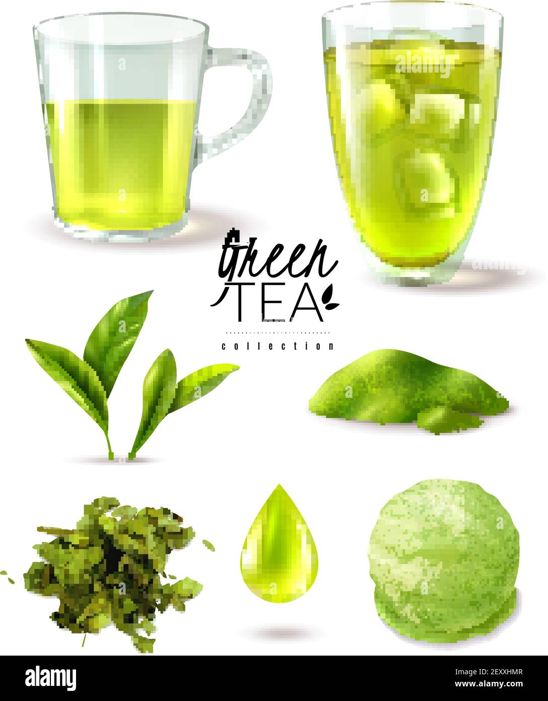 Realistic green tea iced set with isolated images of ripe leaves cups ...