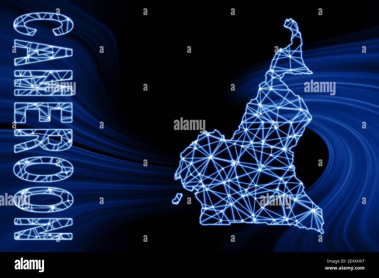 Map of Cameroon, Polygonal mesh line map, blue map on dark background ...