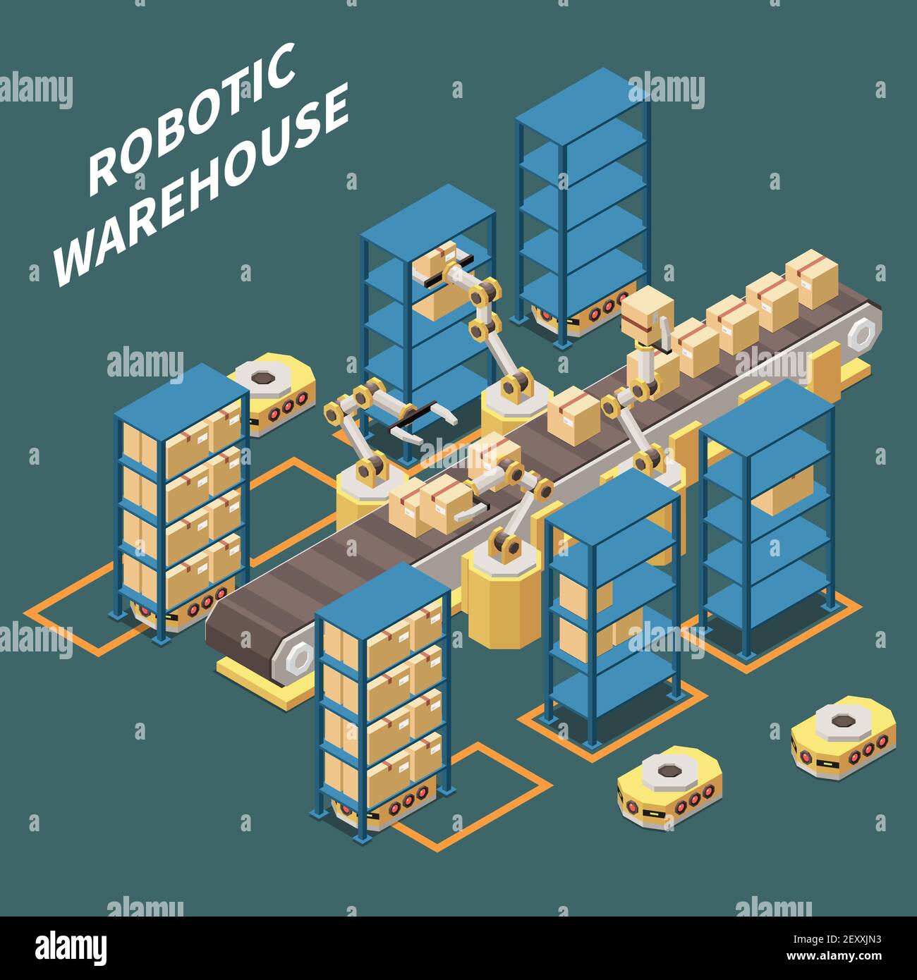 Robotic warehouse isometric composition with robot packaging goods 3d ...