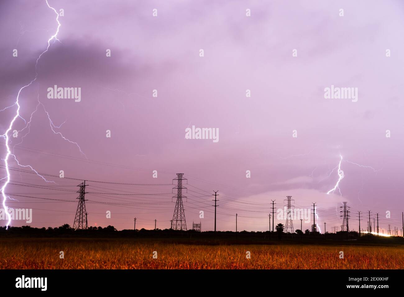 Electrical Storm Thunderstorm Lightning over Power Lines South Texas ...
