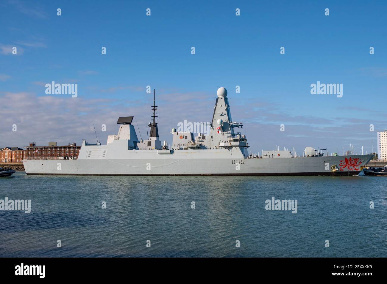 The Royal Navy Daring Class destroyer HMS Dragon (D35) seen returning ...
