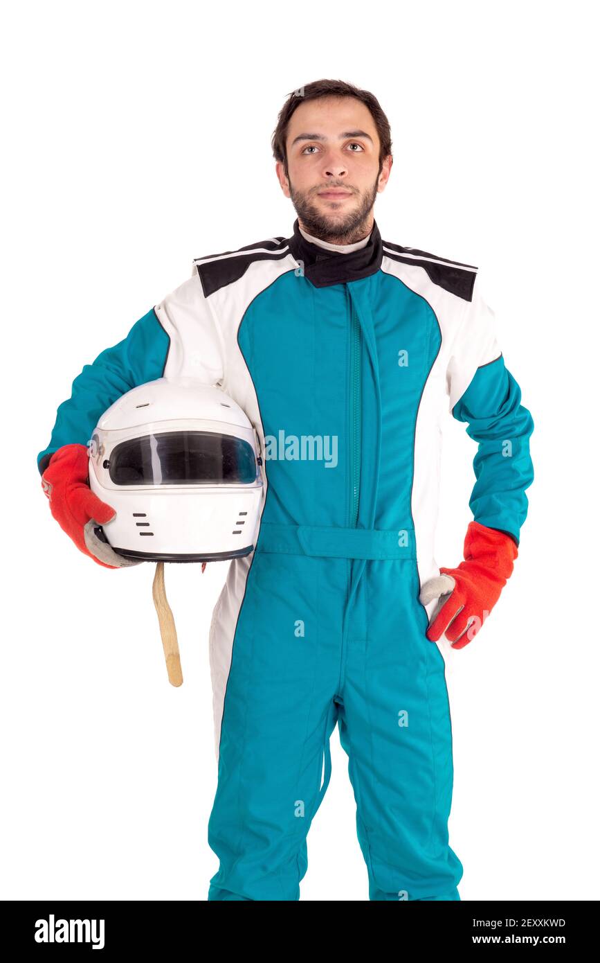 Racing driver posing with helmet isolated in white Stock Photo - Alamy