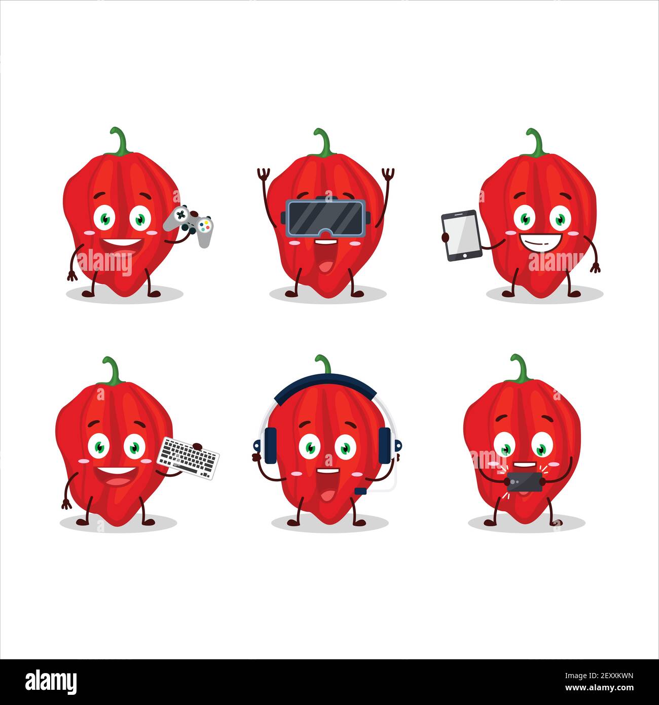 New red habanero cartoon character are playing games with various cute ...