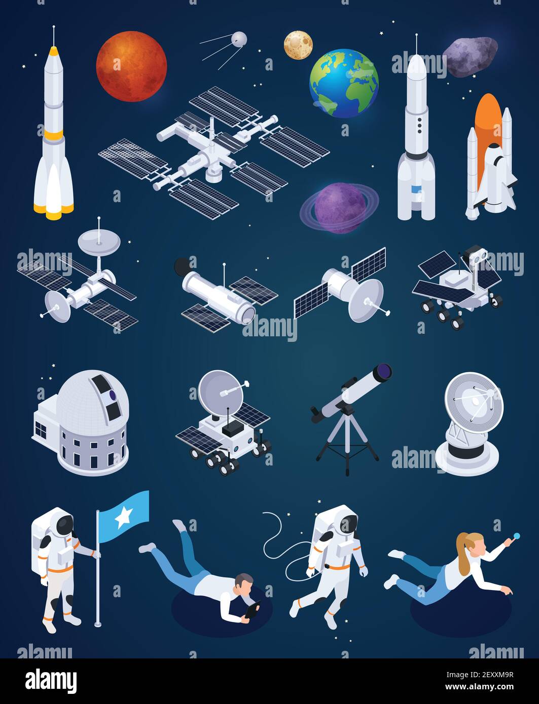 Set of isolated space exploration images with realistic rockets ...