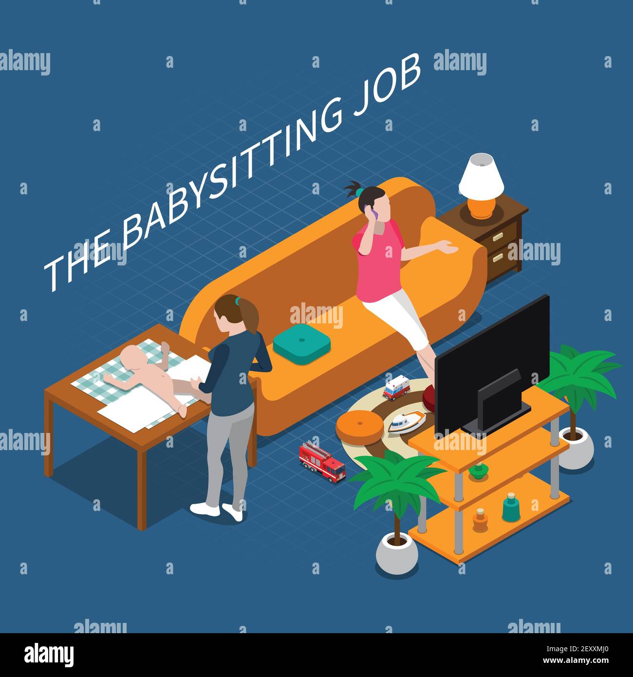 Babysitter changing nappies and mother talking on phone isometric ...