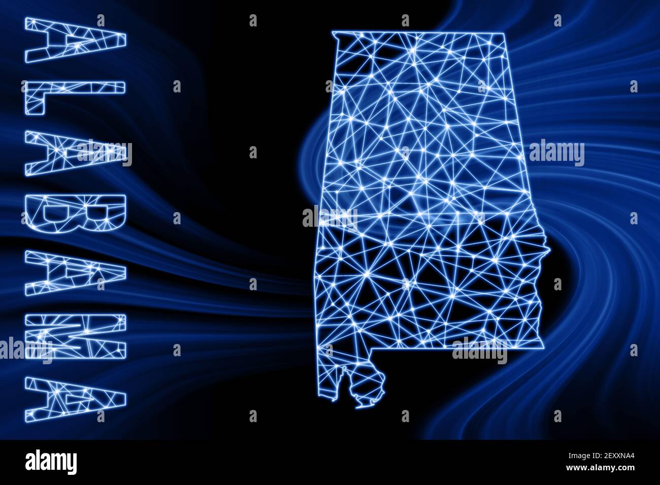Map of Alabama, Polygonal mesh line map, blue map on dark background ...