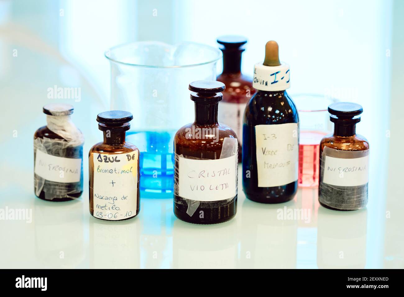 Flasks with dyes in a scientific laboratory. Basque Country, Spain ...
