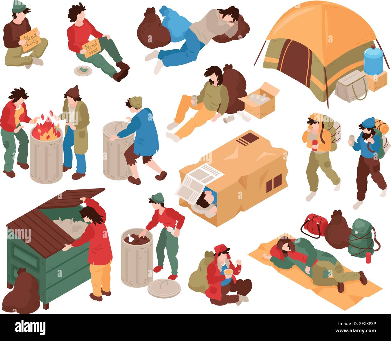 Set with isolated images of homeless people human characters and ...