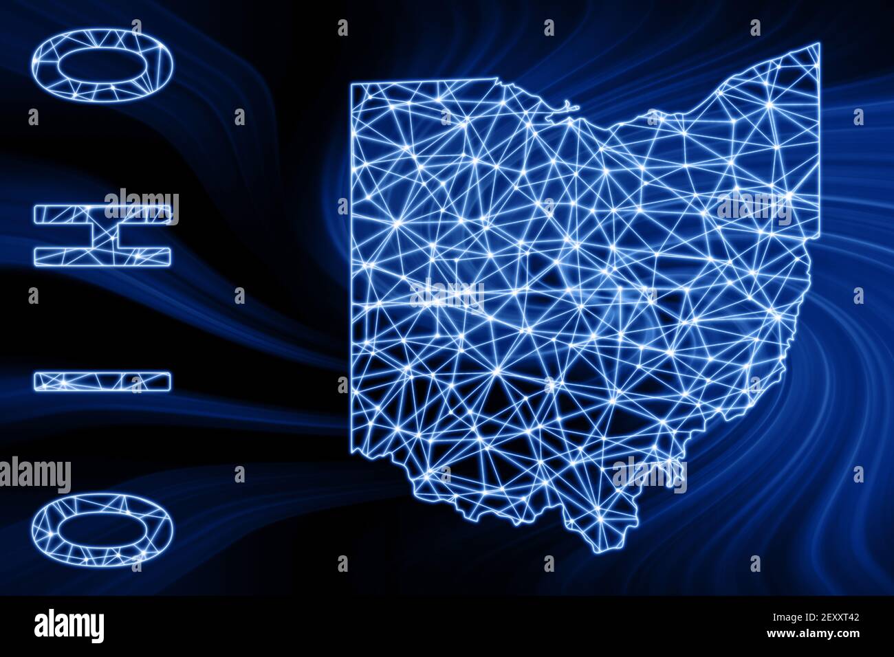 Map of Ohio, Polygonal mesh line map, blue map on dark background Stock ...